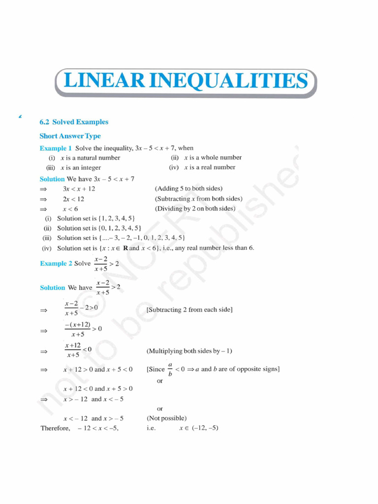 Linear Inequalities Qmplar Book XI Class | PDF