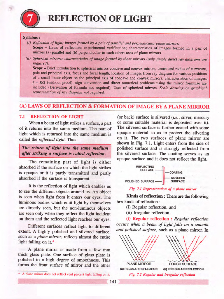Class 9 Selina Physics Chapter 7 Reflection of Light | PDF
