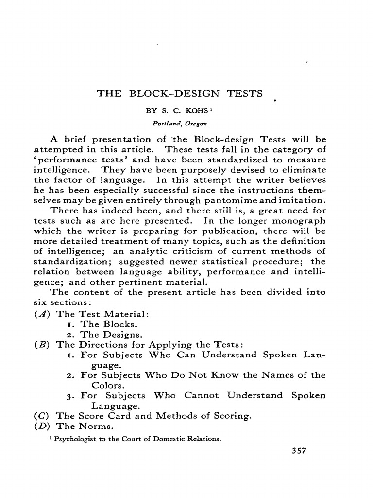 Kohs Block Design Test Overview | PDF | Psychology | Cognition