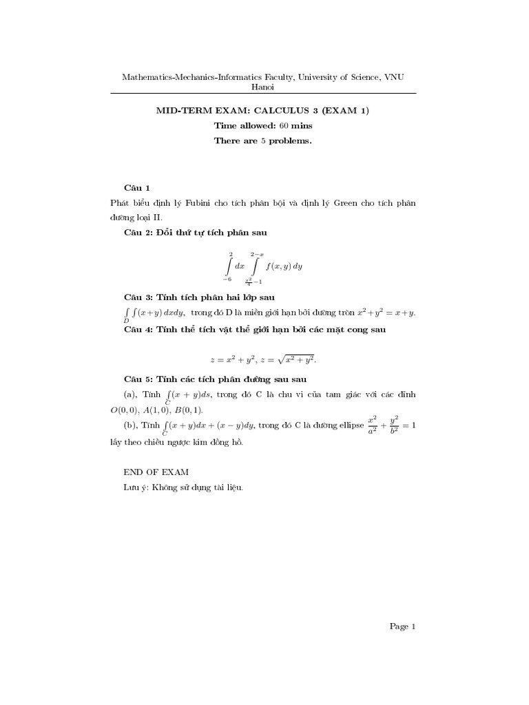 Caculus 3 - KHMT - Midterm - 2020 | PDF