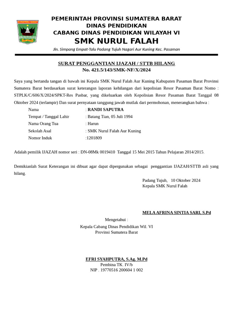 Surat Keterangan Ijazah Hilang Logo Provinsi | PDF