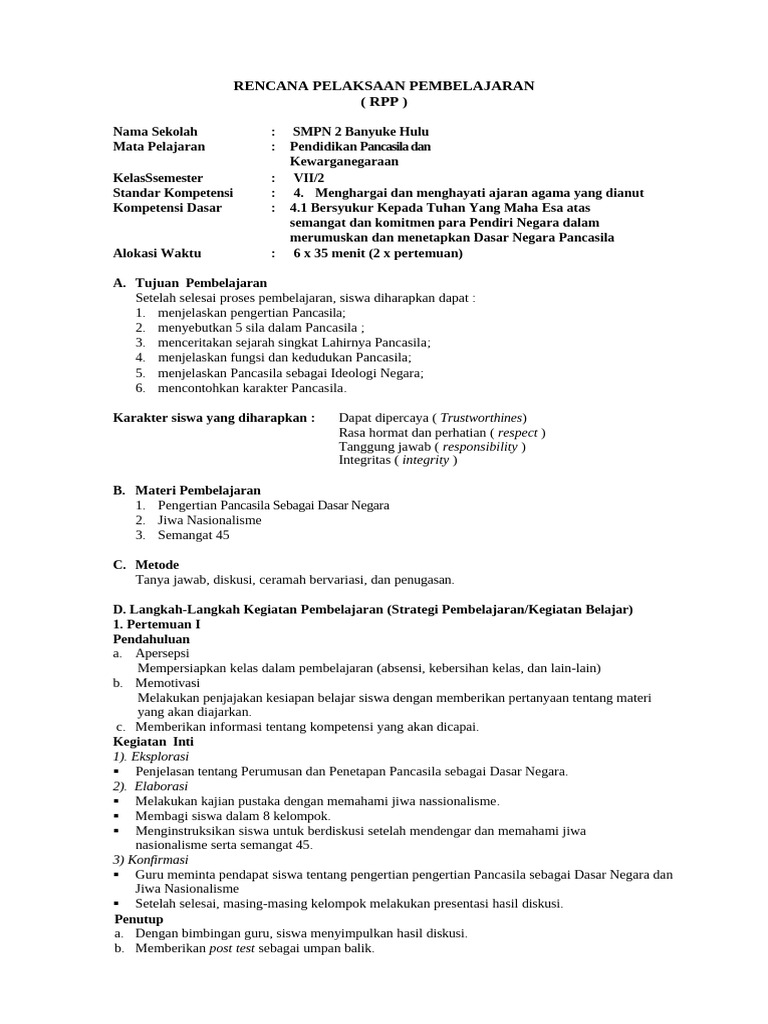 RPP PPKN Kelas 7 Semester 2 AD | PDF