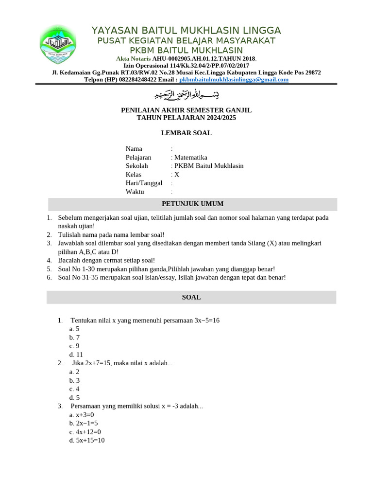 SOAL PAS MTK GANJIL KELAS X SMA 24-25 | PDF