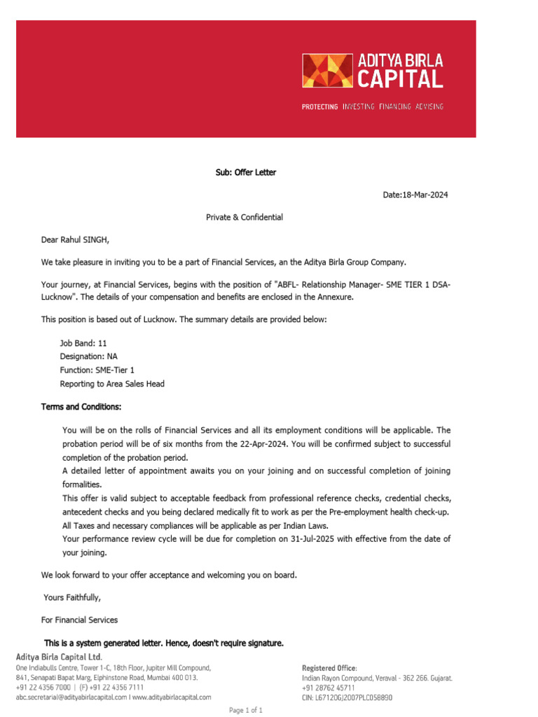 offer letter ABFL - rahul singh | PDF