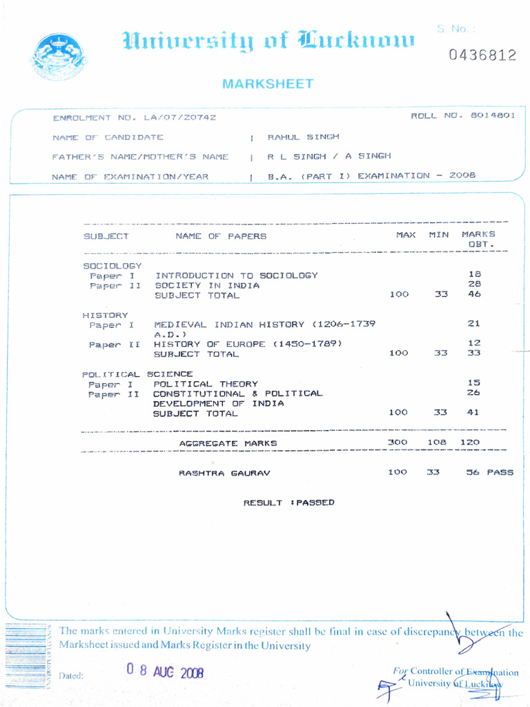 B A marksheet - rahul singh | PDF