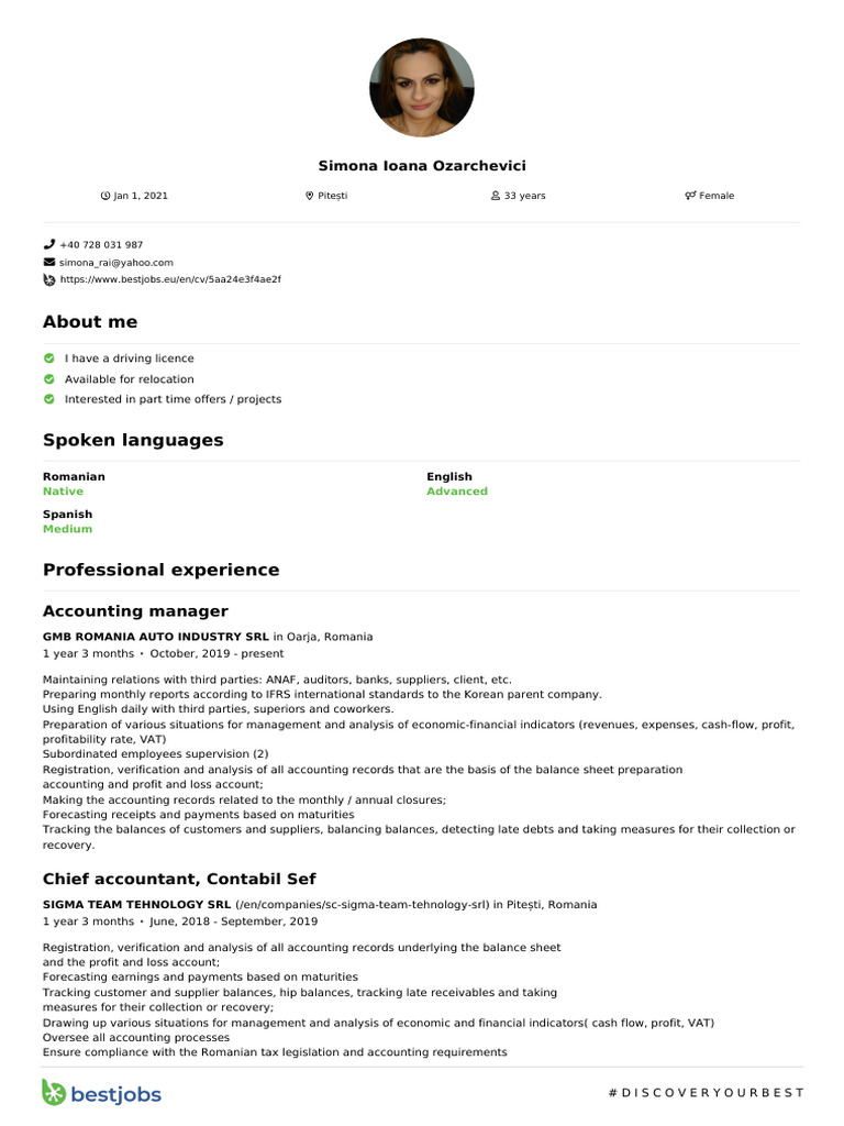 CV Ozarchevici Simona Ioana en | PDF | Accounting | Economies