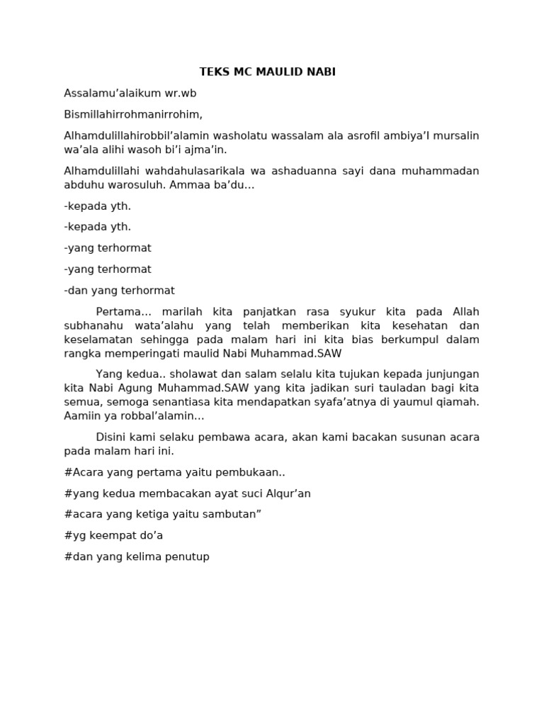 Teks MC Maulid Nabi Lembar 1 | PDF