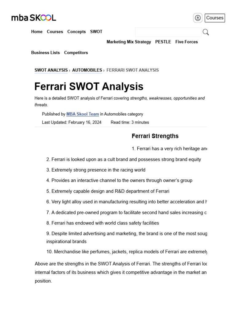 Ferrari SWOT Insights | PDF | Swot Analysis | Ferrari