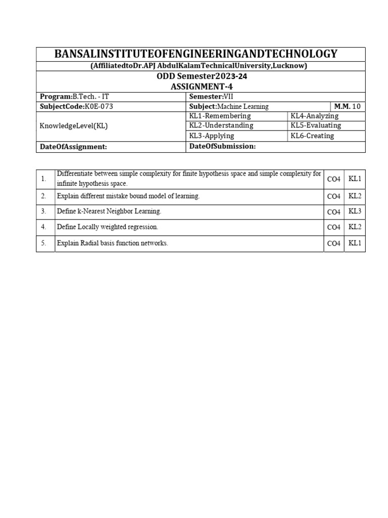 B.Tech IT Machine Learning Assignment 4 | PDF