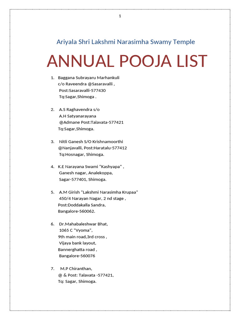 Annual Pooja List # 2024 | PDF