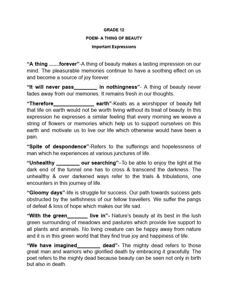 GRADE 12 - POEM - A Thing of Beauty - Imp. Expressions | PDF | Glory ...
