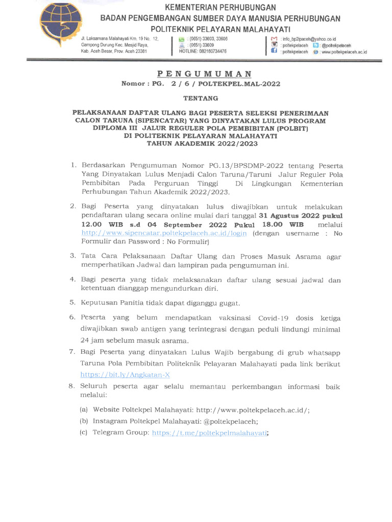 Pengumuman Daftar Ulang Polbit 2022 | PDF