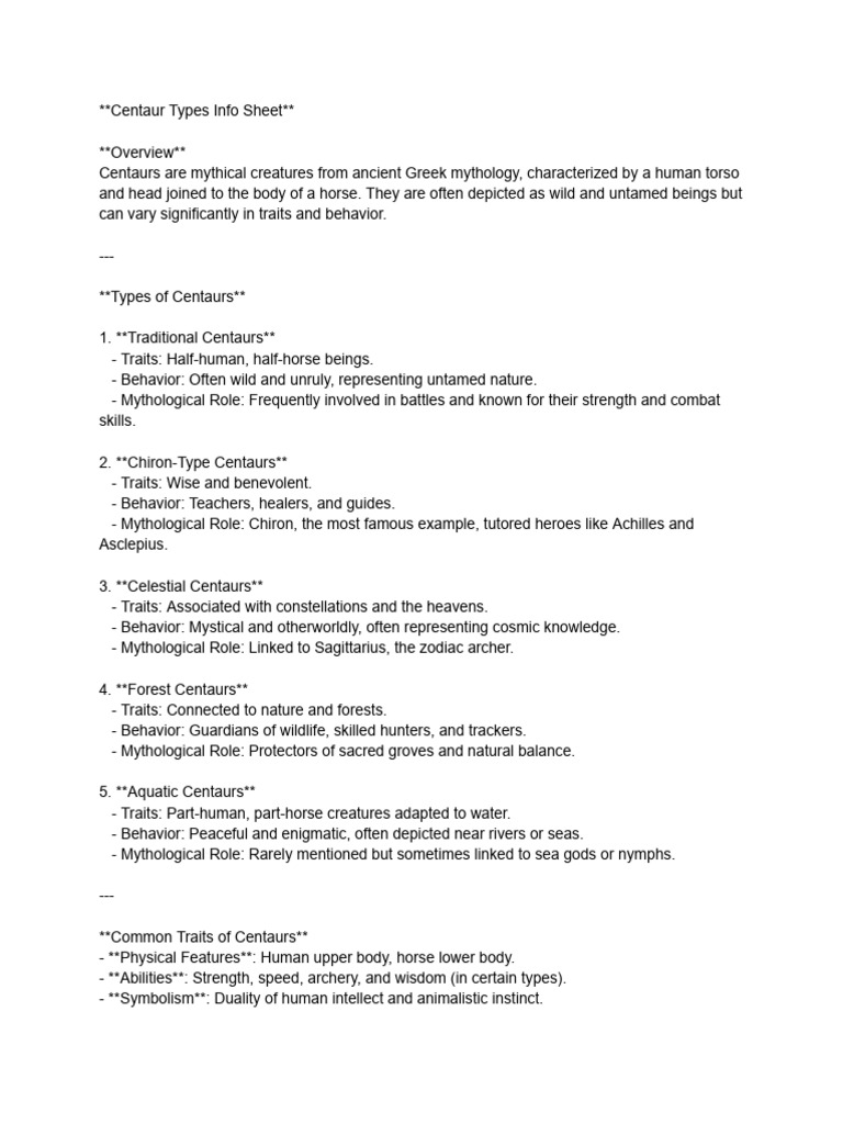 Centaur Types Info Sheet | PDF