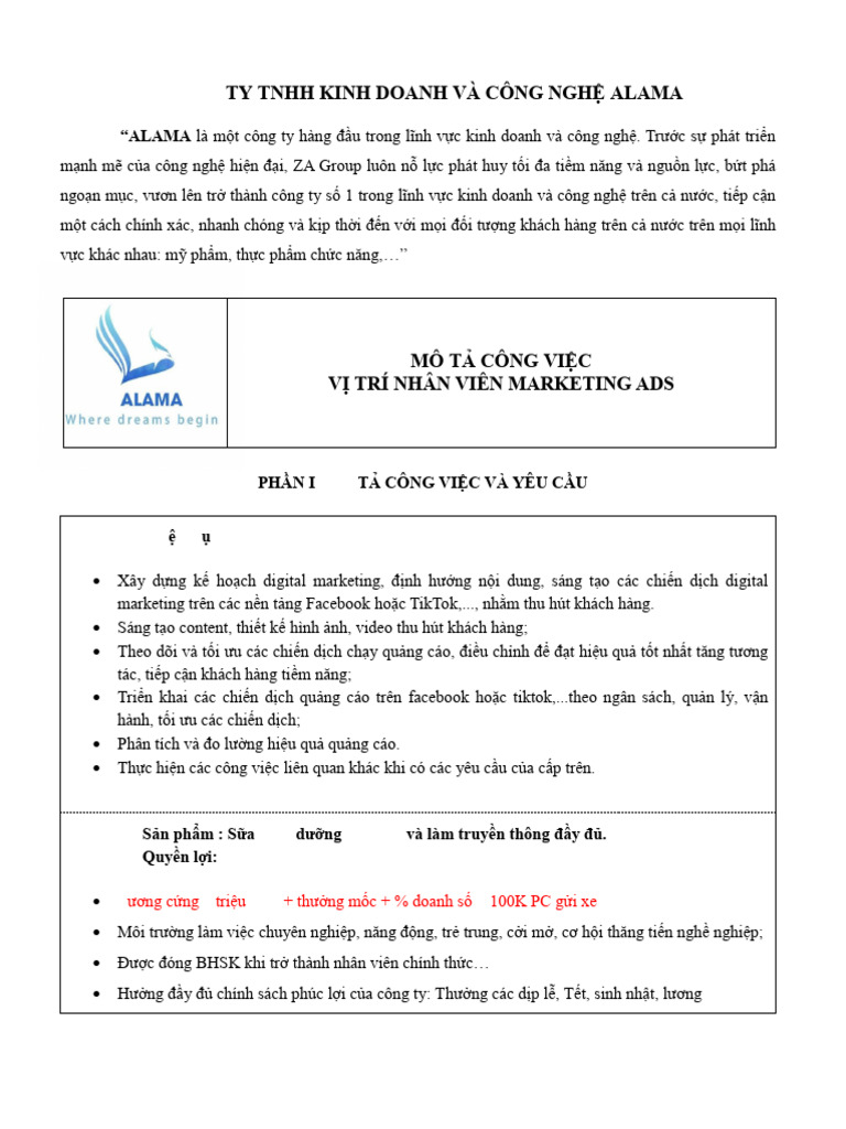 JD Nhân Viên MKT Ads - Alama | PDF