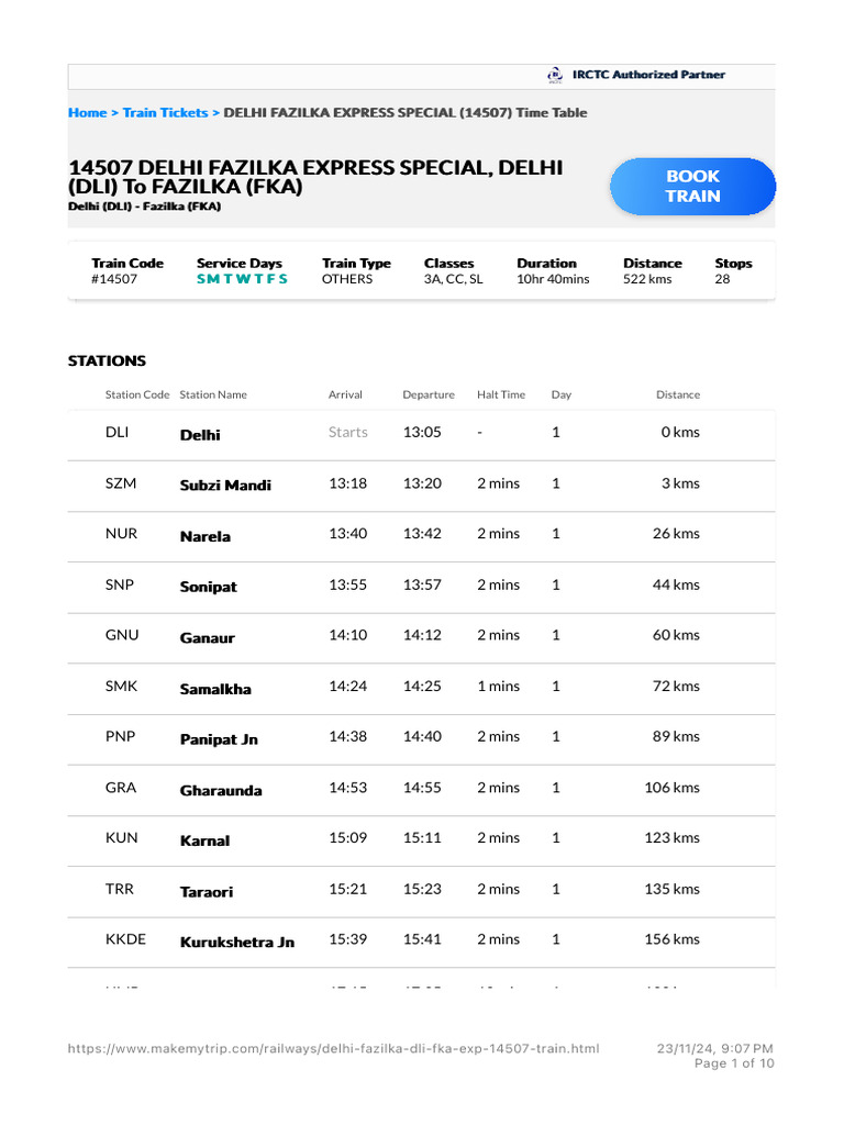 Delhi Fazilka Express Special (14507) | PDF