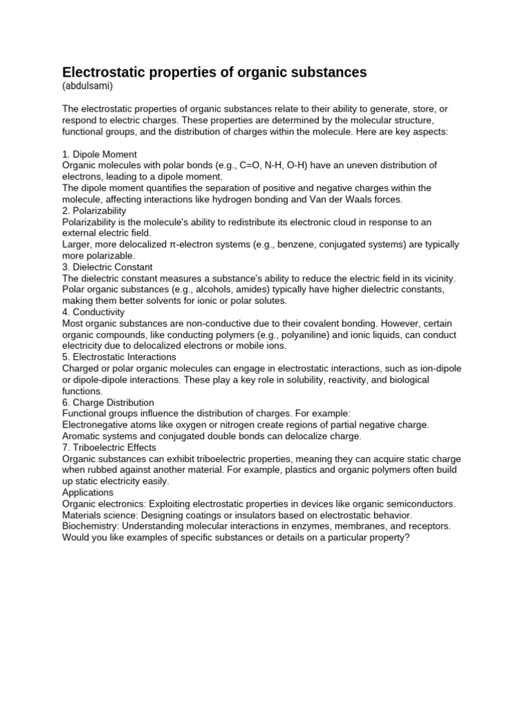 Electrostatic Properties of Organic Substances | PDF | Chemical ...