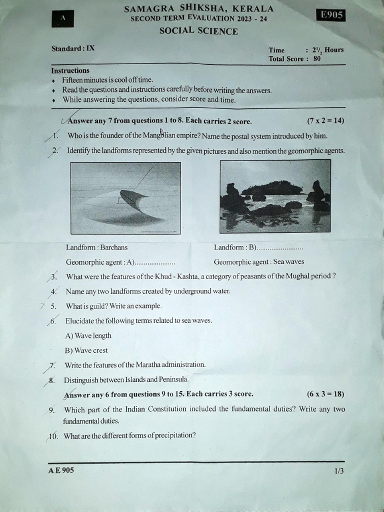 Kerala STD 9 Second Term Exam 2023 Social Science Question Paper EM | PDF