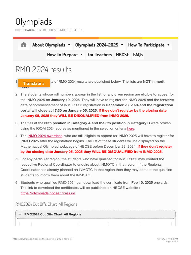 RMO 2024 Results - Olympiads | PDF | Science Education | Mathematics