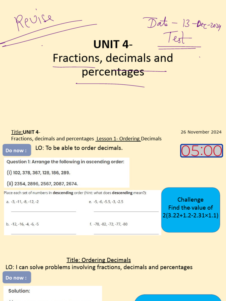 Lesson 1 - 2 - Ordering Decimals - Converting FDP | PDF | Percentage ...