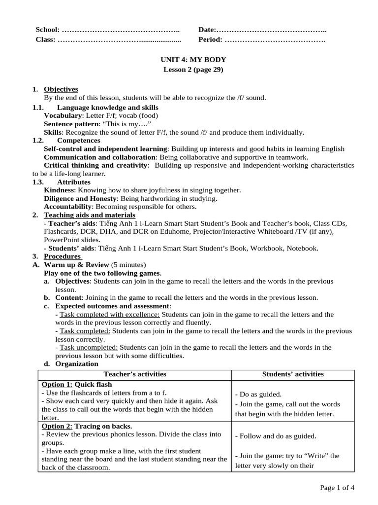 UNIT 4 MY BODY LESSON 2.2 | PDF | Phonics | Vocabulary