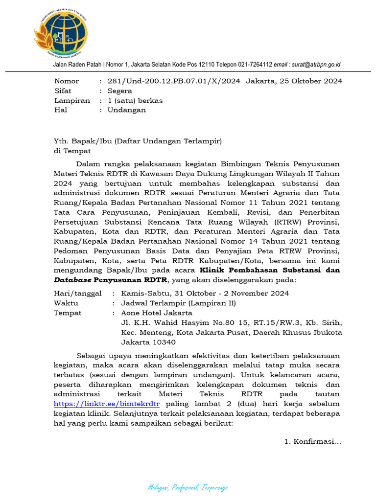 31.10.24 - Undangan Klinik Pembahasan Substansi Bimtek RDTR TTE | PDF