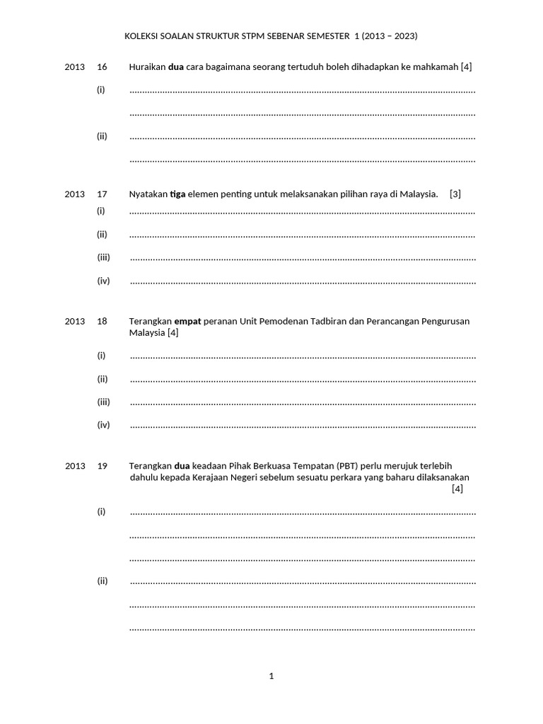 Koleksi Soalan Struktur STPM Sebenar Sem 1 (2013-2023) | PDF