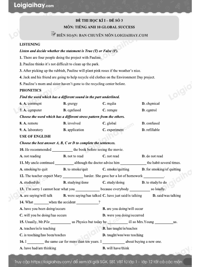 LỚP 10 - HK1 - ĐỀ 3 | PDF