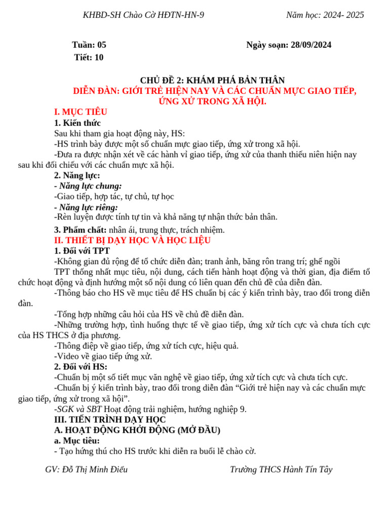 KHBD SH CC HDTN HN 9 Tuan 5 Dieu | PDF