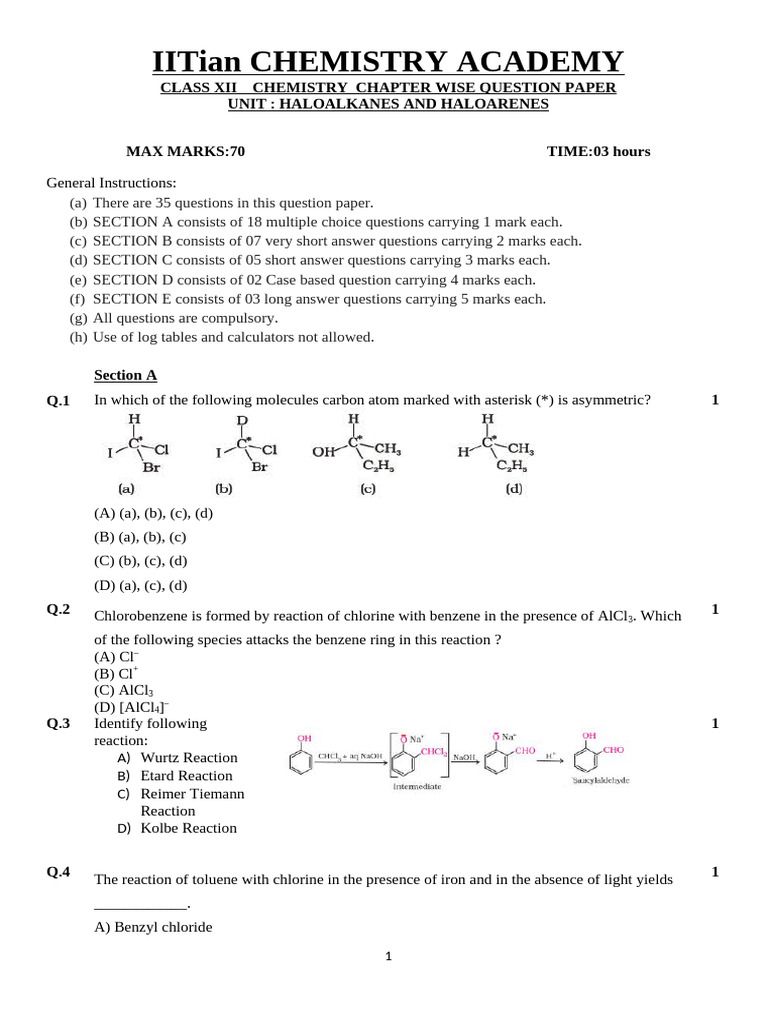 Haloalkanes and Haloarenes Exam Paper | PDF | Organic Chemistry | Chemistry