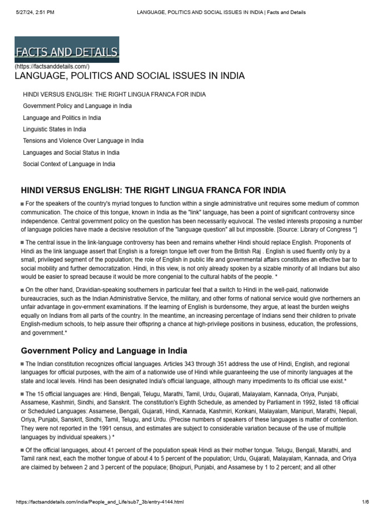 LANGUAGE, POLITICS AND SOCIAL ISSUES IN INDIA - Facts and Details | PDF ...