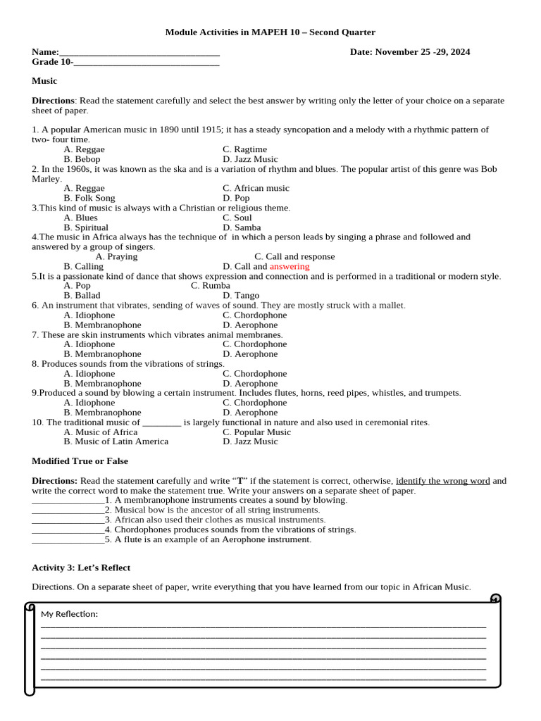 Module Activities in MAPEH 10 | PDF | Camera | Musical Instruments