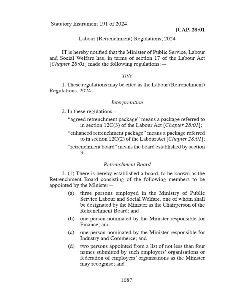 Labour Retrenchment Regulations 2024 | PDF | Employment | Salary