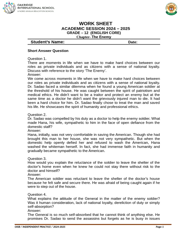 OISB - CBSE - GRADE12 - English - The Enemy - 2024-25 | PDF | Prisoner ...