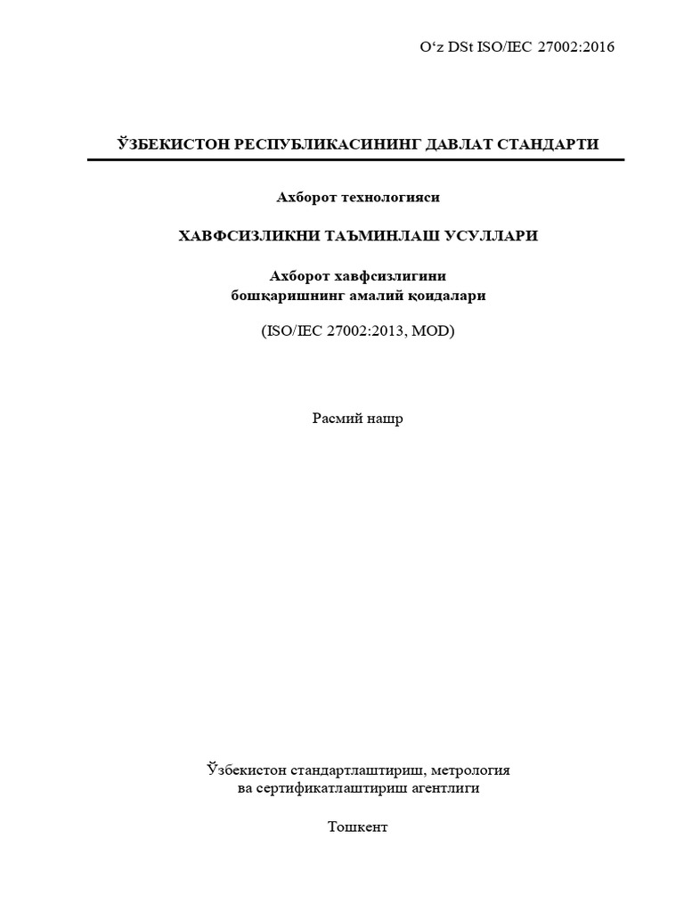 O Z DST Iso - Iec 27002-2016 Uz | PDF