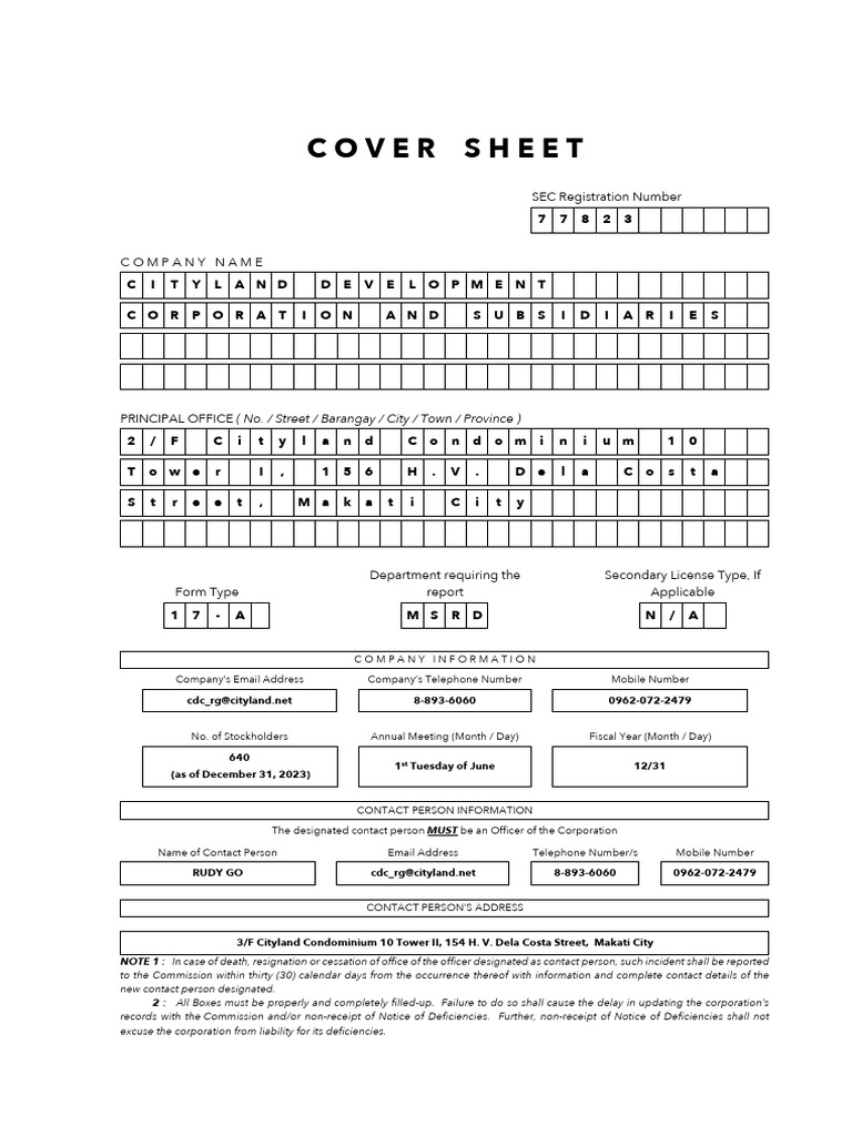 Cityland Development Corporation_SEC Form 17A for the Year 2023 ...