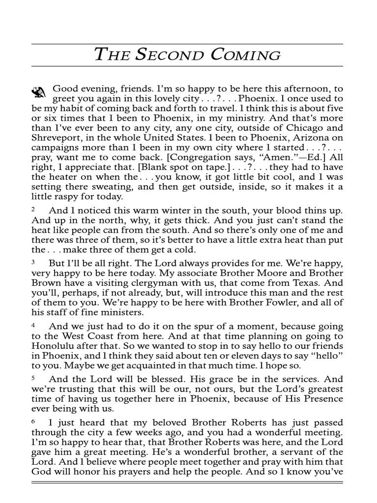 55-0220A The Second Coming VGR | PDF | Jesus | Faith Healing