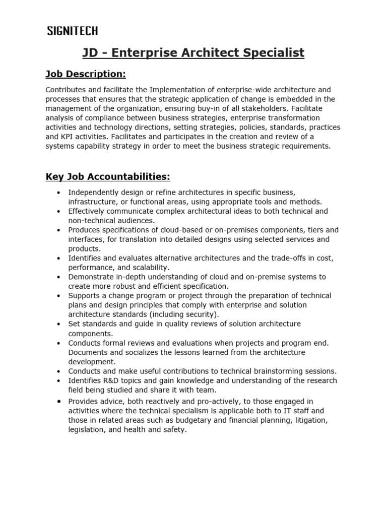 JD - Enterprise Architect Specialist | PDF | Enterprise Architecture | Strategic Management