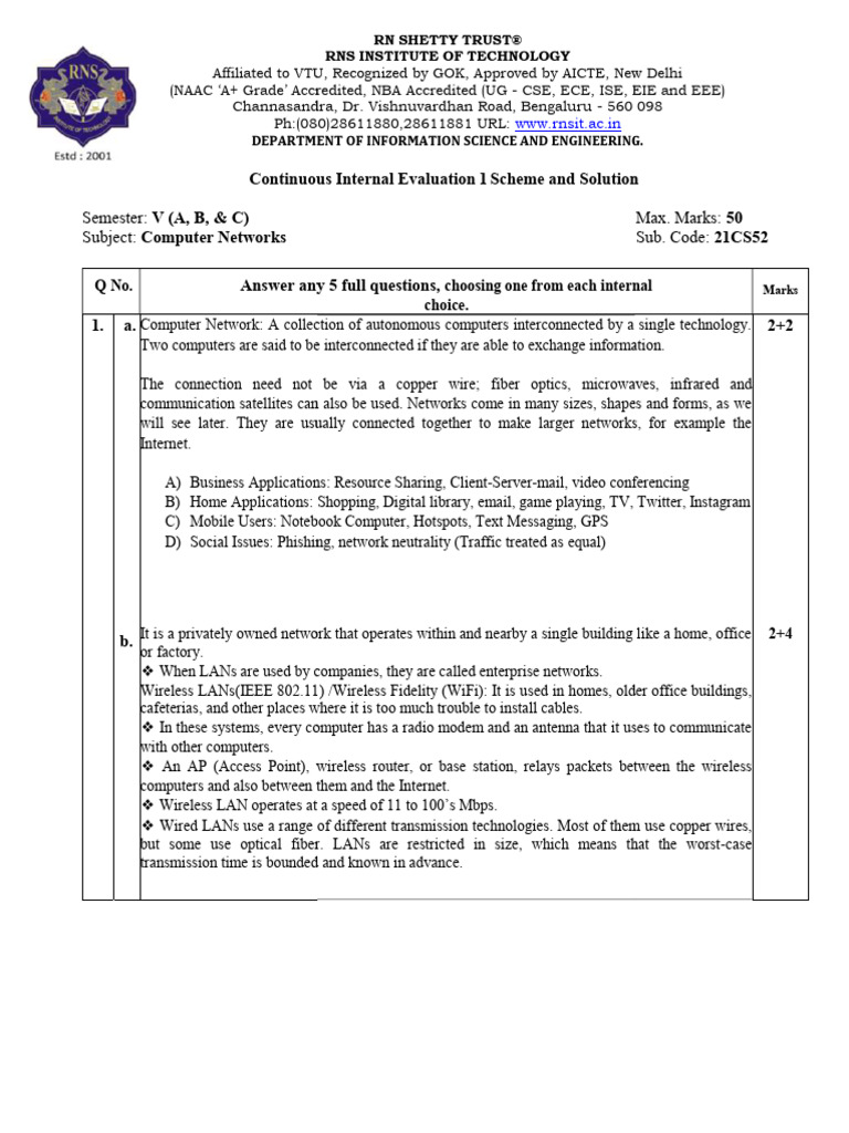 CN Ia1 Scheme & Solution - 2023 | PDF | Internet Protocol Suite | Transmission Control Protocol