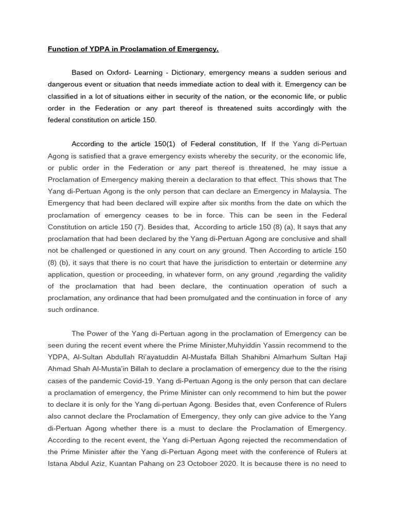 Function of YDPA in Proclamation of Emergency | PDF | Government | Malaysia