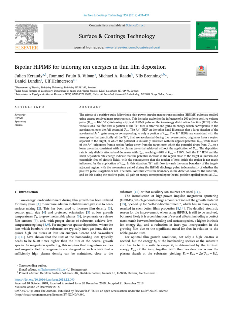 2019 - Bipolar HiPIMS For Tailoring Ion Energies in Thin Film ...