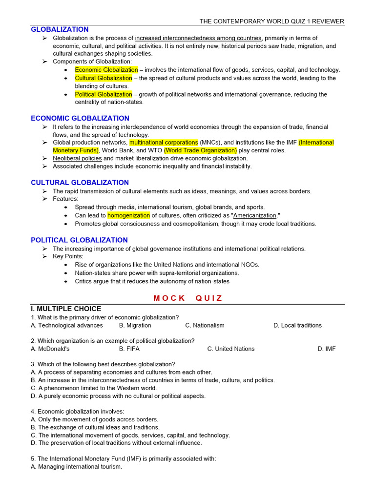 TCW QUIZ 1 REVIEWER | PDF | Globalization | World Systems Theory
