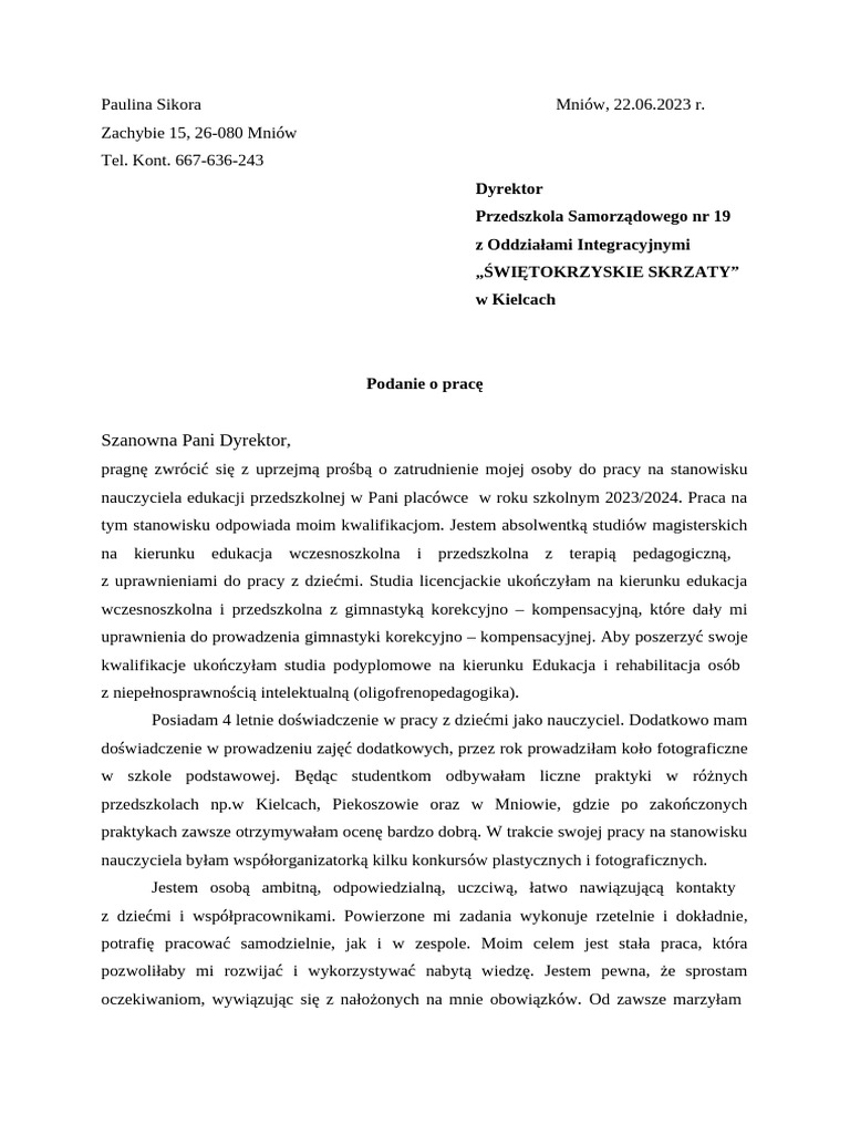 Paulina Węgrzyn Podanie o Pracę | PDF