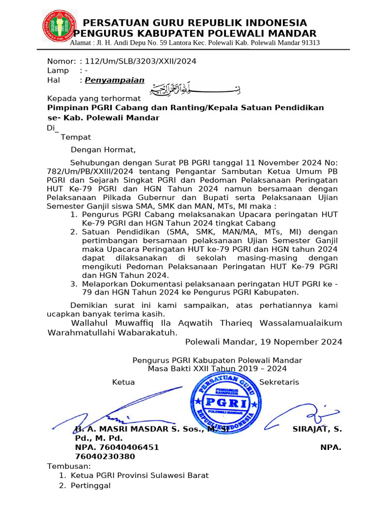 Himbauan Upacara HUT PGRI Dan HGN 2024 | PDF