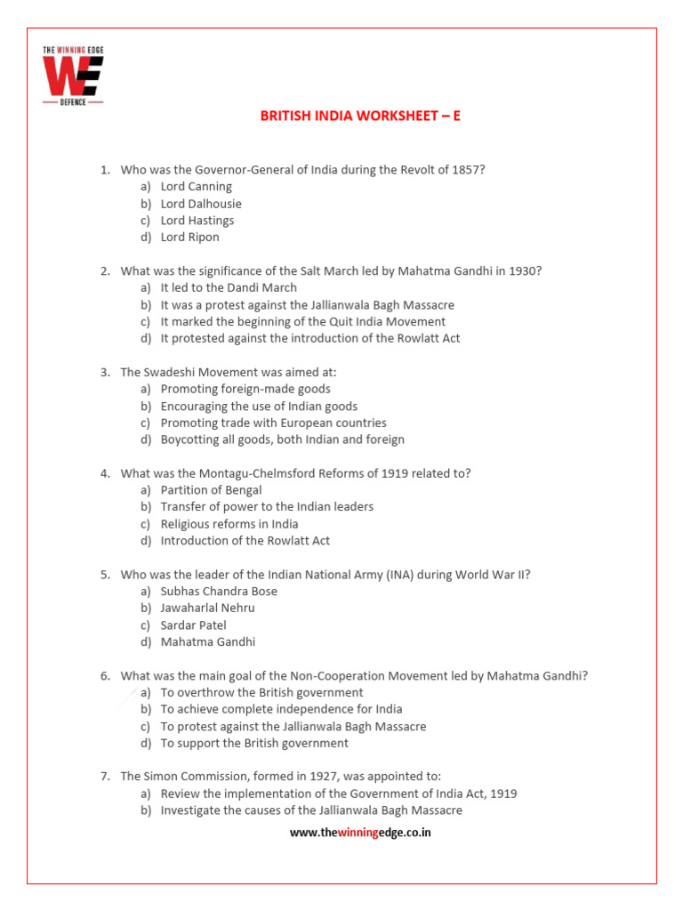 British India Historical Quiz Worksheet | PDF | British Raj | Indian ...