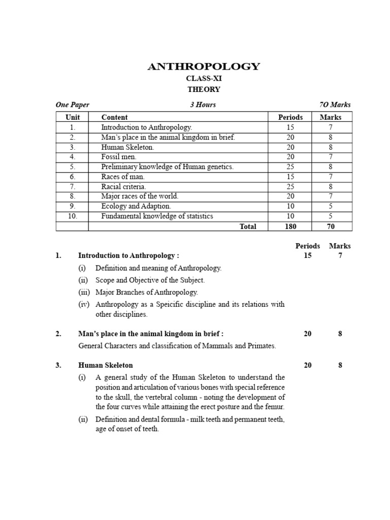 Class XI Anthropology Curriculum Overview | PDF | Multiple Choice ...