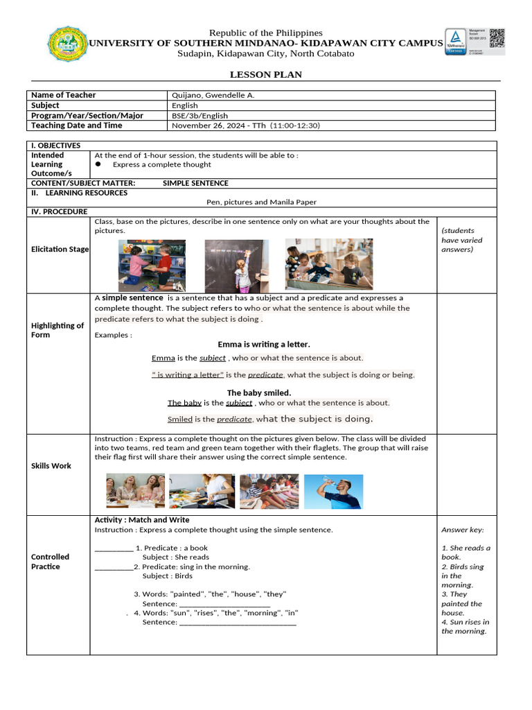 Lesson Plan For Simple Sentence | PDF | Subject (Grammar) | Sentence ...