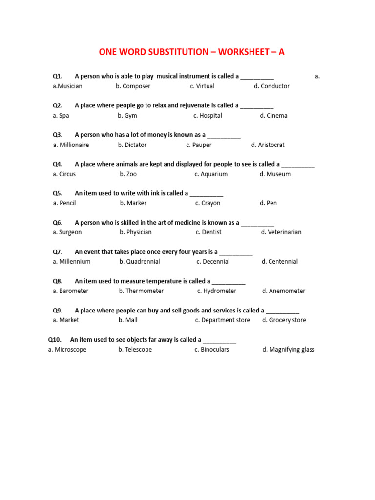 One Word Substitution Worksheet | PDF