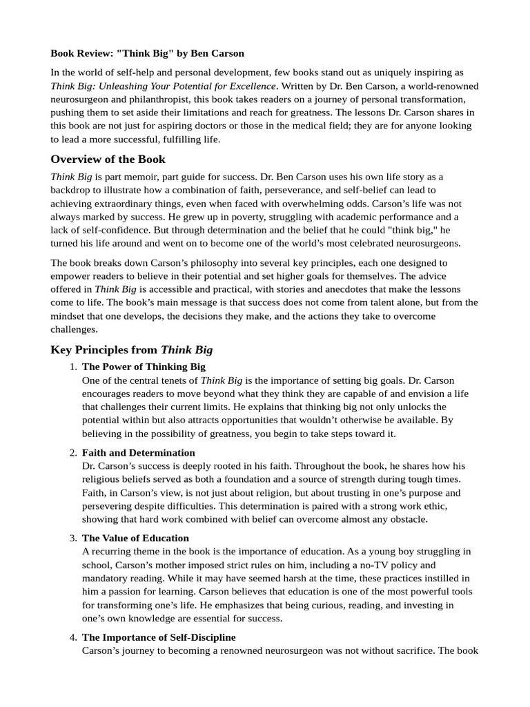 Book Review: "Think Big" by Ben Carson | PDF | Disciplines | Faith