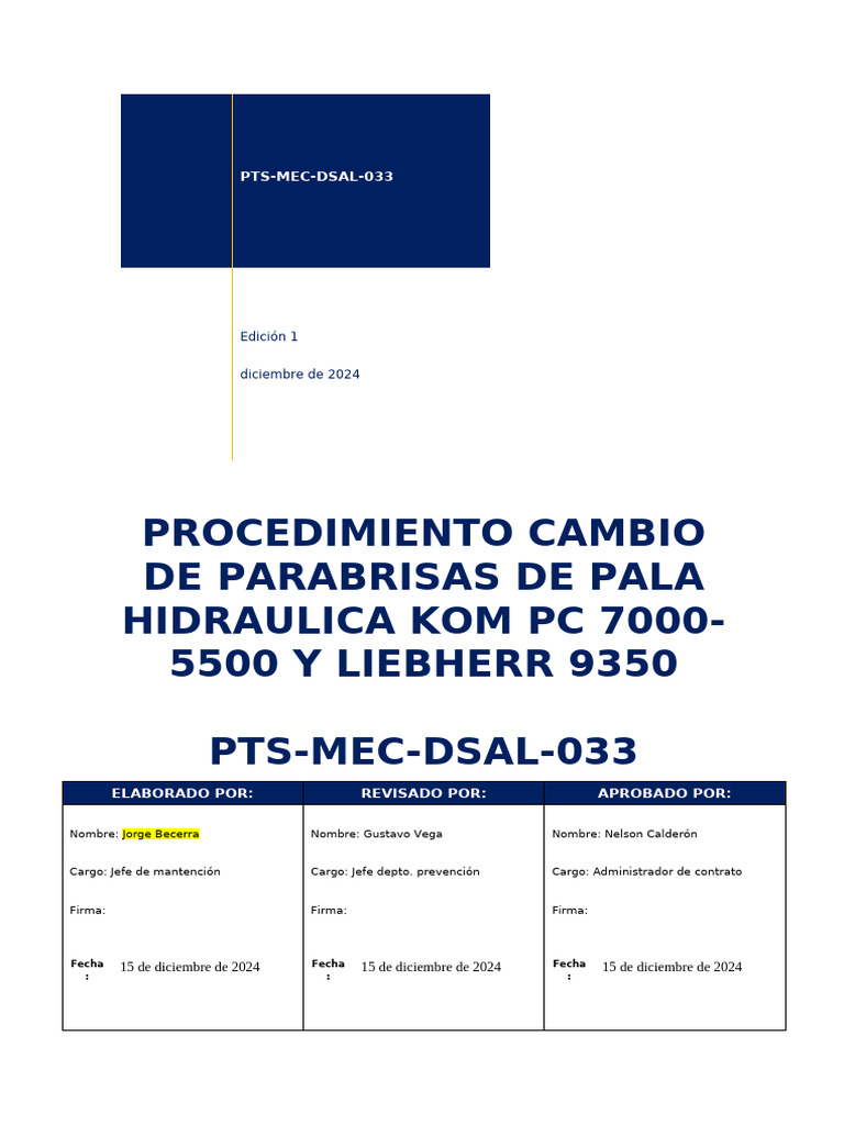 PTS-MEC-DSAL-033 Procedimiento Cambio Parabrisas de Pala Hidráulica KOM PC7000-5500 y LIEBHERR ...