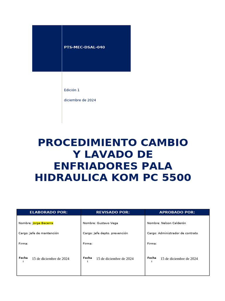 PTS-MEC-DSAL-040 Procedimiento Cambio y Lavado de Enfriadores Pala Hid ...